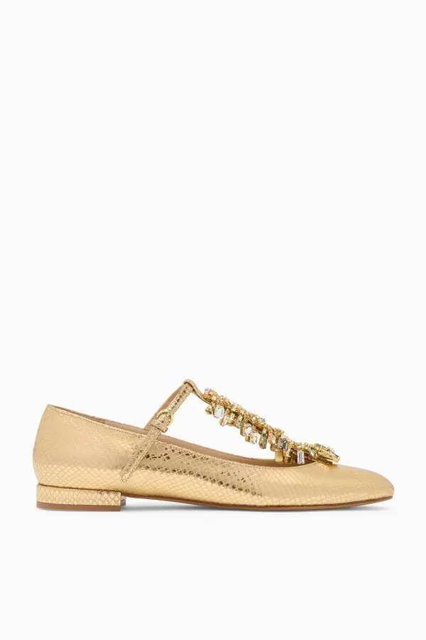 Ulla Johnson Bianca Crystal T-strap Ballerina - Gold Python