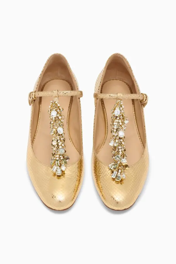 Ulla Johnson Bianca Crystal T-strap Ballerina - Gold Python