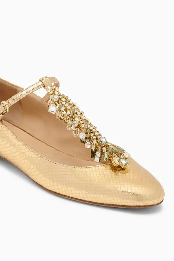 Ulla Johnson Bianca Crystal T-strap Ballerina - Gold Python