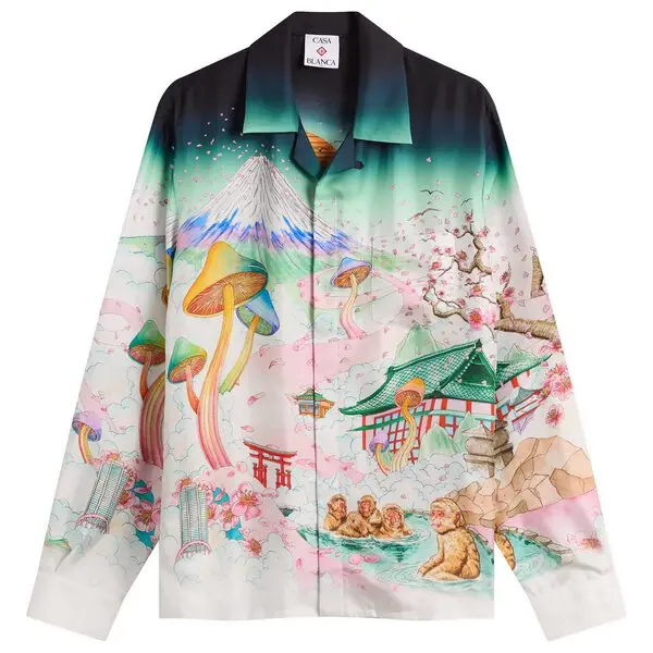 Casablanca Silk Twill Cuban Collar Long Sleeve Shirt - Multi