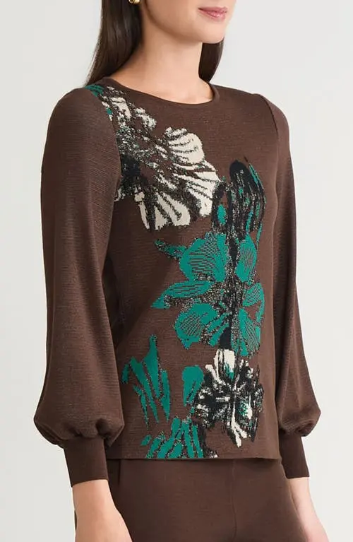 Ming Wang Floral Jacquard Crewneck Sweater
