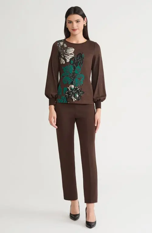 Ming Wang Floral Jacquard Crewneck Sweater