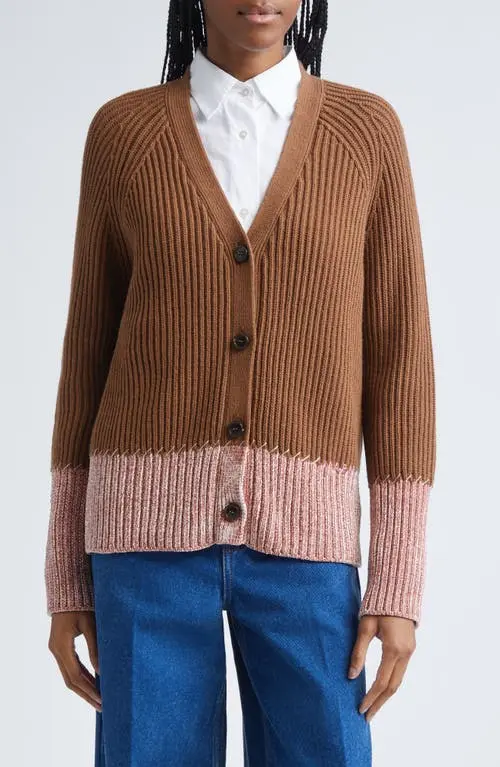 Marni Long Sleeve Merino Wool V-neck Cardigan - Brown/maroon