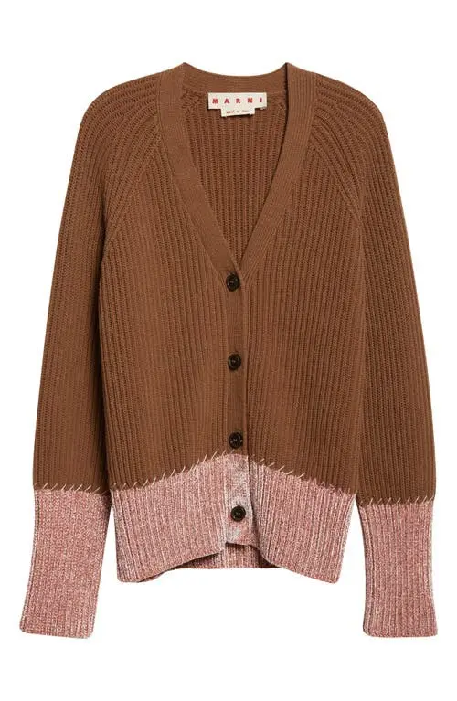 Marni Long Sleeve Merino Wool V-neck Cardigan - Brown/maroon