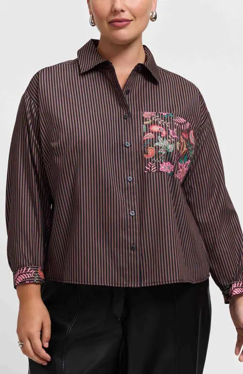 Foxcroft Marina Contrast Pocket Stripe Cotton Poplin Button-up Shirt - Brown Multi