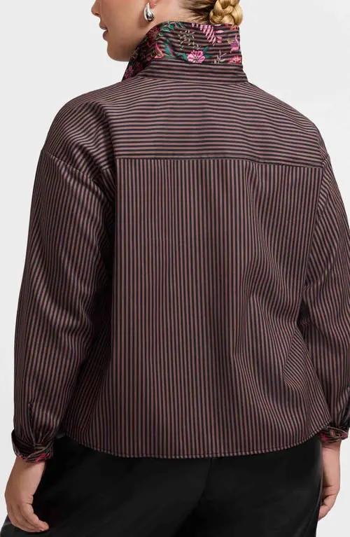 Foxcroft Marina Contrast Pocket Stripe Cotton Poplin Button-up Shirt - Brown Multi