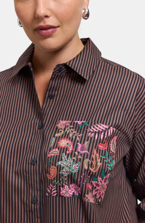 Foxcroft Marina Contrast Pocket Stripe Cotton Poplin Button-up Shirt - Brown Multi