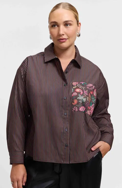 Foxcroft Marina Contrast Pocket Stripe Cotton Poplin Button-up Shirt - Brown Multi
