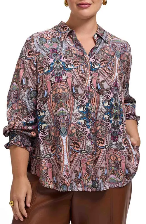 Foxcroft Olivia Paisley Smocked Cuff Button-up Shirt