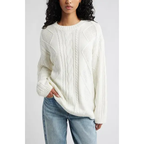 Bp. Cabled Oversized Cotton-blend Crewneck Sweater - Ivory