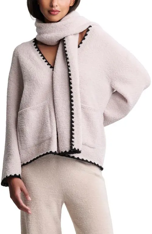 Barefoot Dreams Cozychic Blanket Stitch Cardigan With Detachable Scarf - Stone