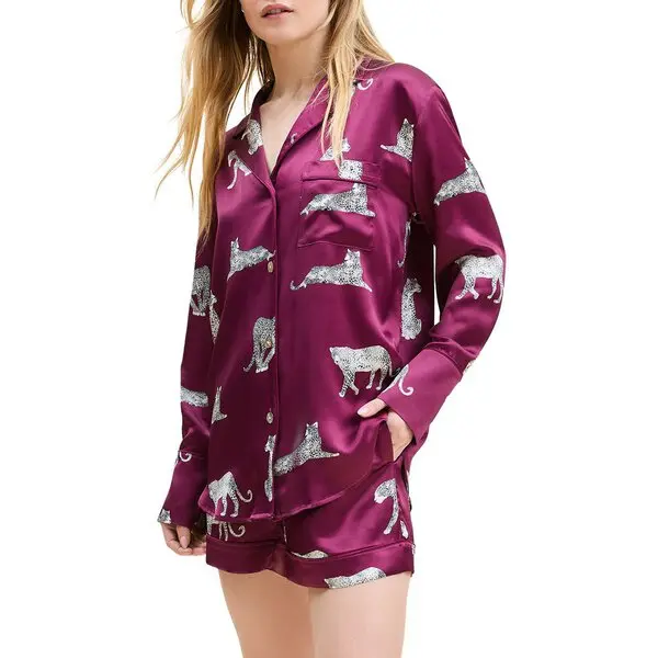 PETITE PLUME Panthre De Nuit Piped Silk Satin Short Pajamas - Red