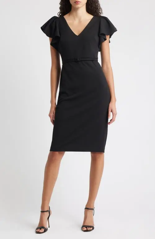 Anne Klein Belted Flutter Sleeve Sheath Dress - Anne Black