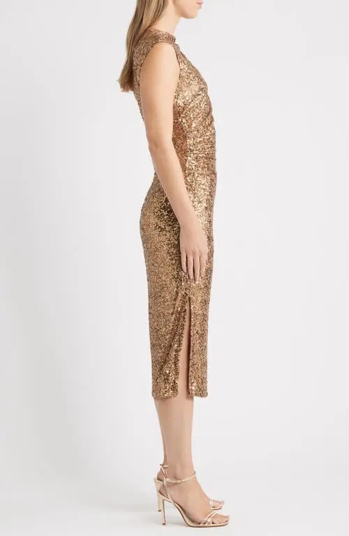 Anne Klein Draped Sleeveless Sequin Sheath Midi Dress - Gold