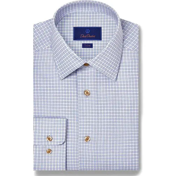 David Donahue Regular Fit Check Print Cotton Dress Shirt - Sky/chocolate