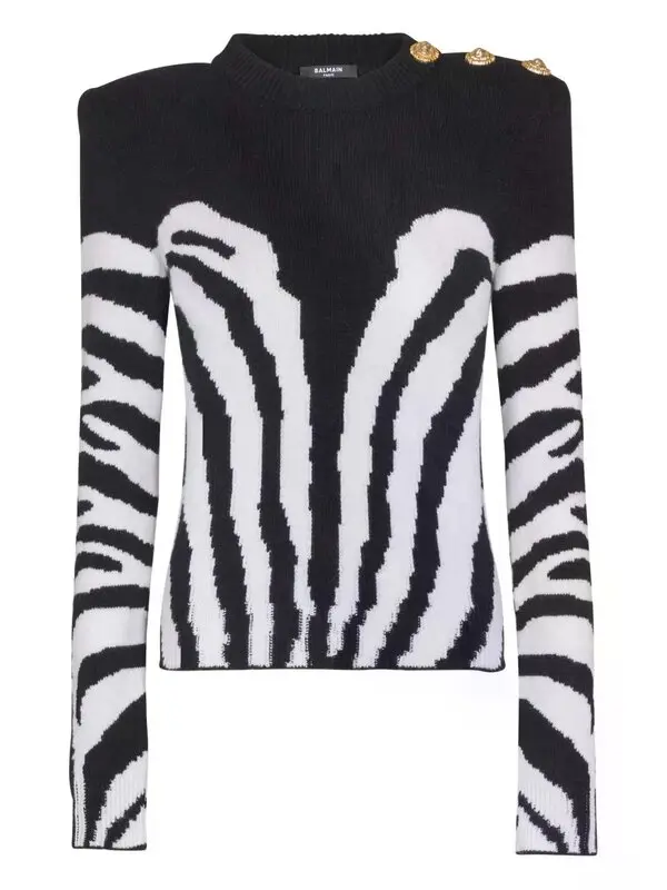 Balmain Zebra-pattern Padded-shoulder Sweater - Black