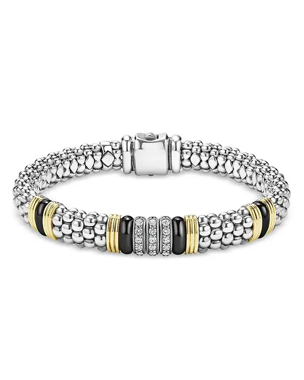 Lagos 18k Yellow Gold & Sterling Black Caviar Diamond & Black Ceramic Station Bracelet - Silver