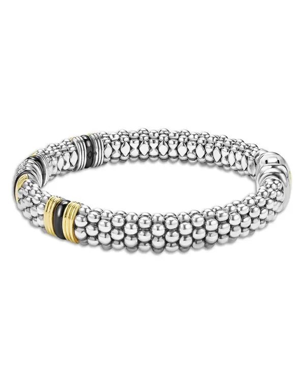 Lagos 18k Yellow Gold & Sterling Black Caviar Diamond & Black Ceramic Station Bracelet - Silver