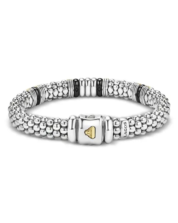 Lagos 18k Yellow Gold & Sterling Black Caviar Diamond & Black Ceramic Station Bracelet - Silver