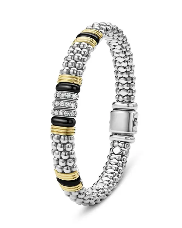 Lagos 18k Yellow Gold & Sterling Black Caviar Diamond & Black Ceramic Station Bracelet - Silver