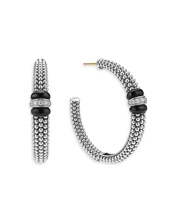 Lagos Sterling Diamond And Caviar Beaded Hoop Earrings - Silver
