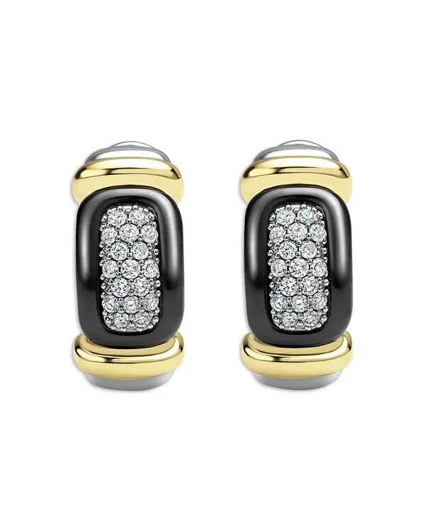 Lagos Diamond & Black Ceramic Huggie Earrings - Silver