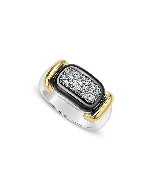 Lagos 18k Yellow Gold, Sterling Diamond & Black Ceramic Ring - Silver