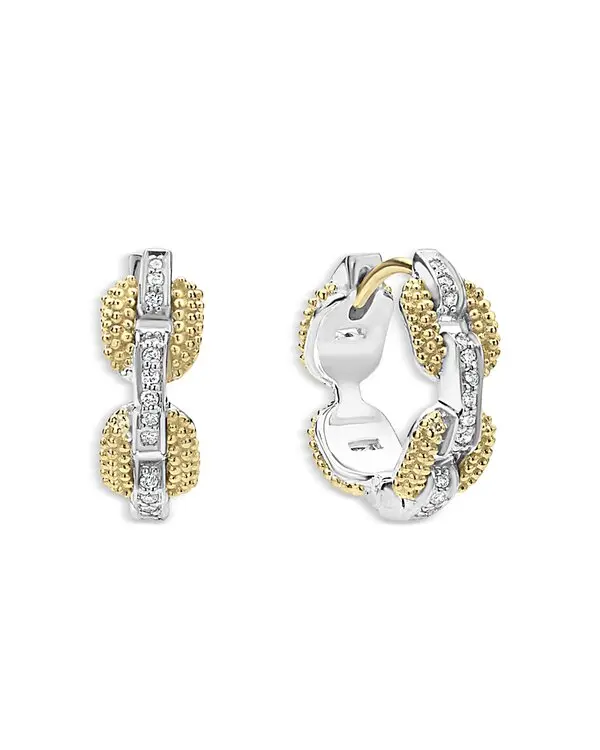 Lagos 18k Yellow Gold & Sterling Diamond Link Huggie Earrings - Silver