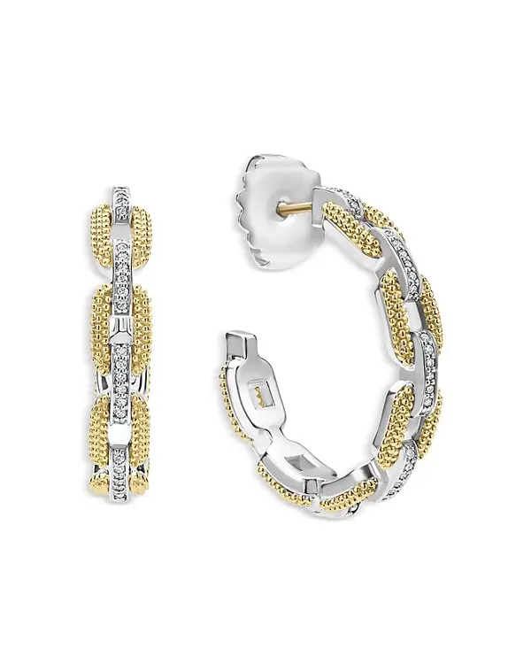 Lagos 18k Yellow Gold & Sterling Diamond Link Hoop Earrings - Silver