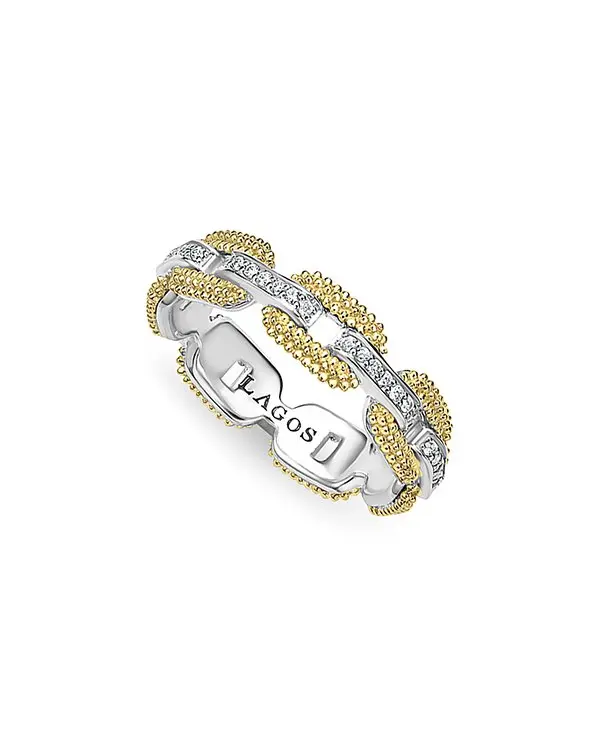 Lagos 18k Yellow Gold & Sterling Silver Diamond Chain Link Ring - Two Tone