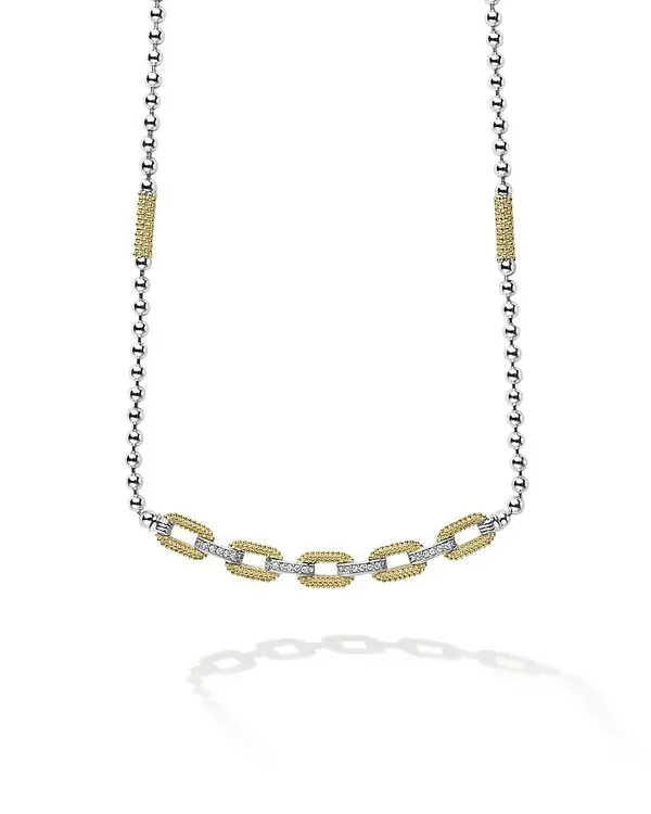 Lagos 18k Yellow Gold & Sterling Caviar Lux Diamond Chain Link Collar Necklace - Silver