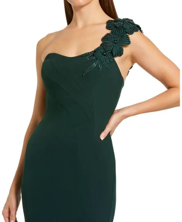 Mac Duggal Crepe One-shoulder Beaded Flower Mermaid Gown