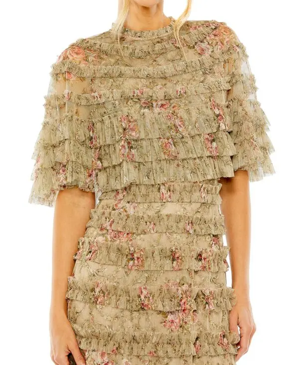 Mac Duggal Floral Mesh Ruffle Midi Dress