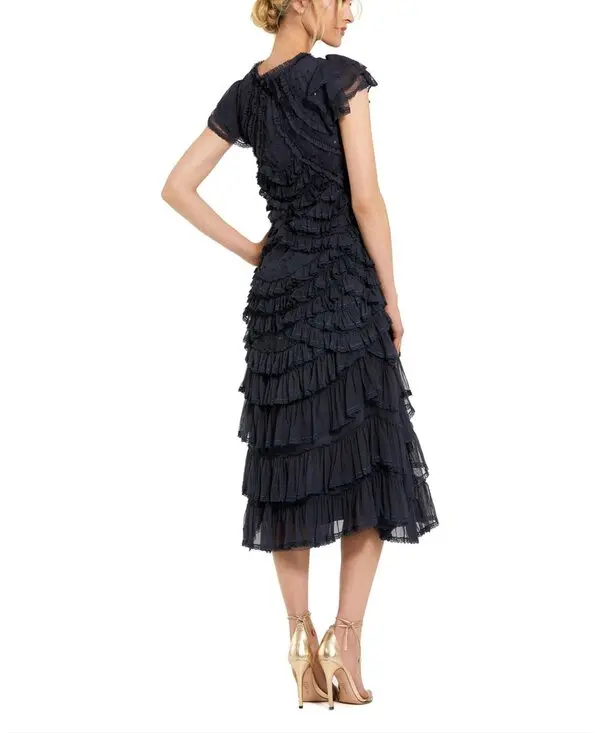 Mac Duggal High Neck Ruffle Mesh Midi Dress