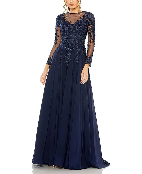 Mac Duggal Hand-embellished Lace Gown With Jeweled Embroidery - Midnight