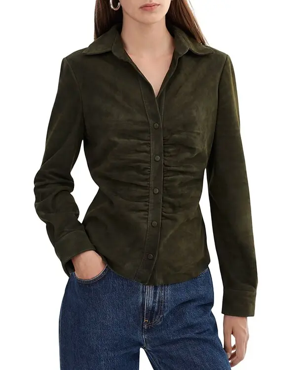 LAMARQUE Ruched Collared Suede Shirt - Dark Olive