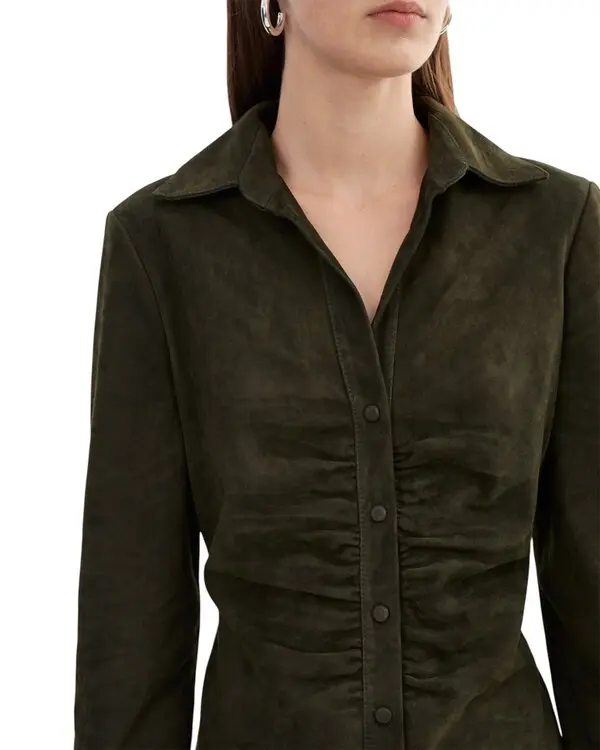 LAMARQUE Ruched Collared Suede Shirt - Dark Olive