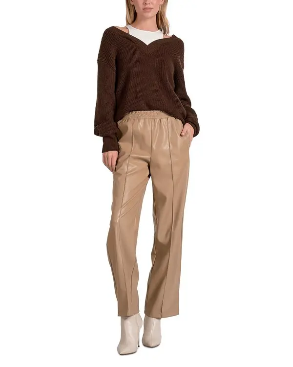 Elan Deep V-neck Pullover Sweater - Brown/ White