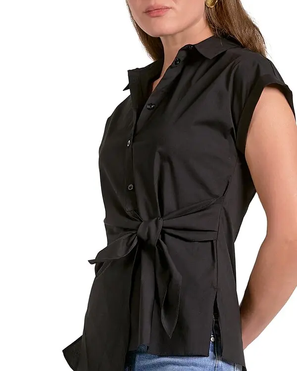 Elan Button-down Tie Waist Shirt - Black