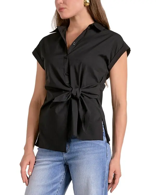 Elan Button-down Tie Waist Shirt - Black