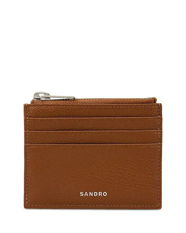 Sandro Grained Leather Zip Card Holder - Cognac