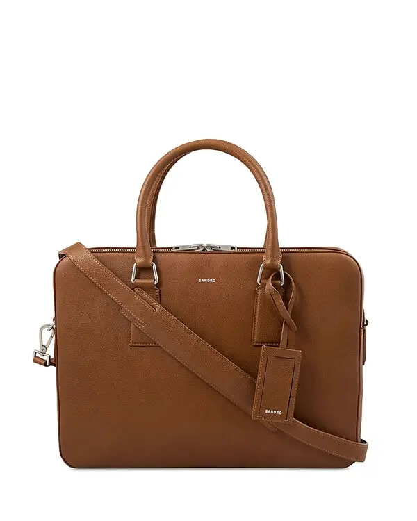 Sandro Large Grained Leather Briefcase - Cognac