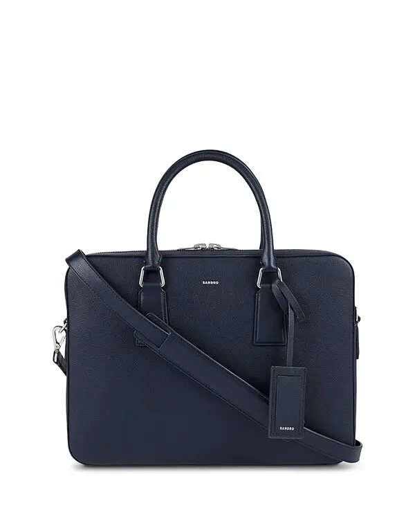 Sandro Large Grained Leather Briefcase - Navy Blue