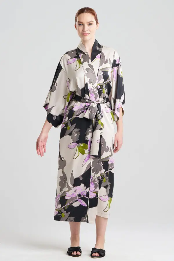 Natori Tsubaki Satin Robe - Black / Floral / Multicolor