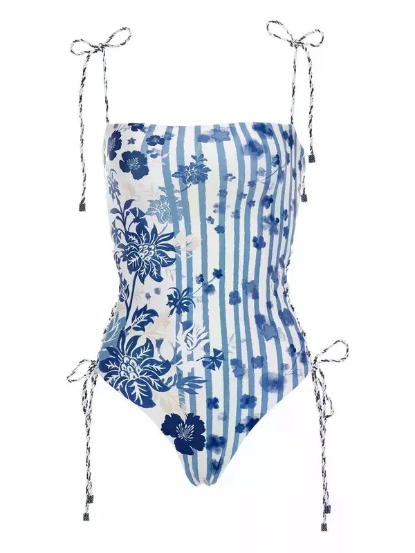 Agua Bendita Floral-stripe One-piece Swimsuit - Blue