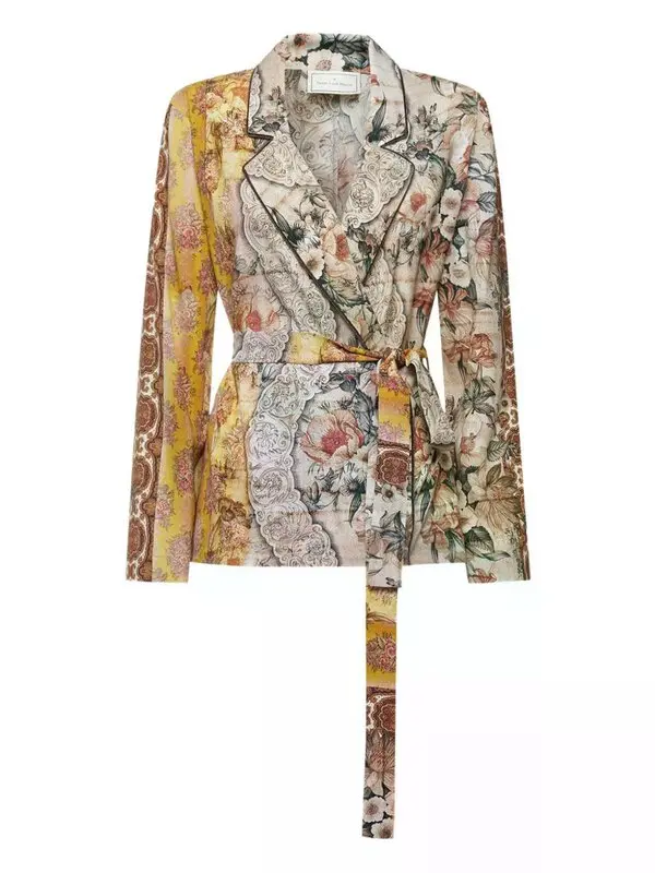 PIERRE-LOUIS MASCIA Floral-patchwork Belted Jacket - Neutrals