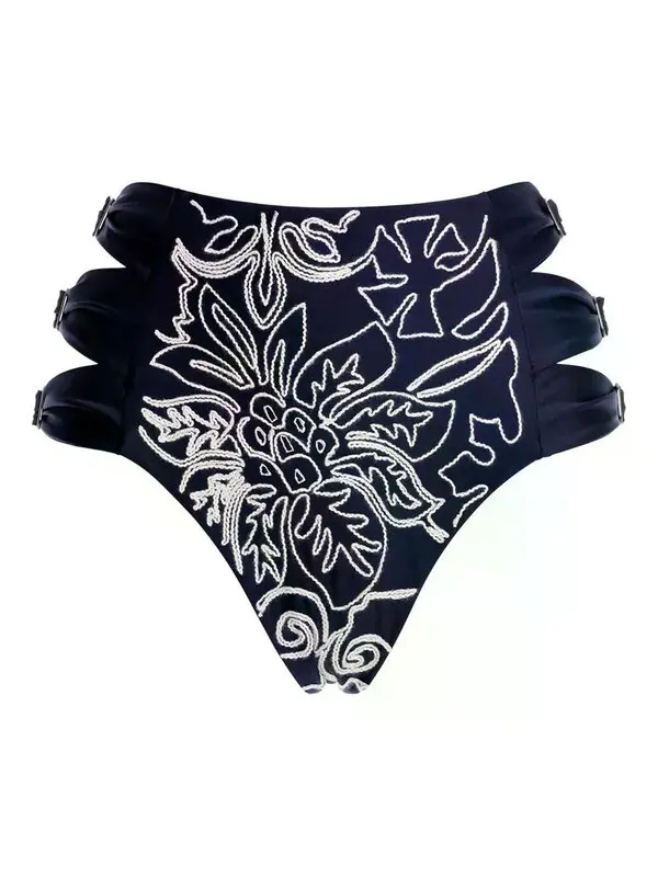 Agua Bendita Embroidered High-waisted Bikini Bottom - Blue
