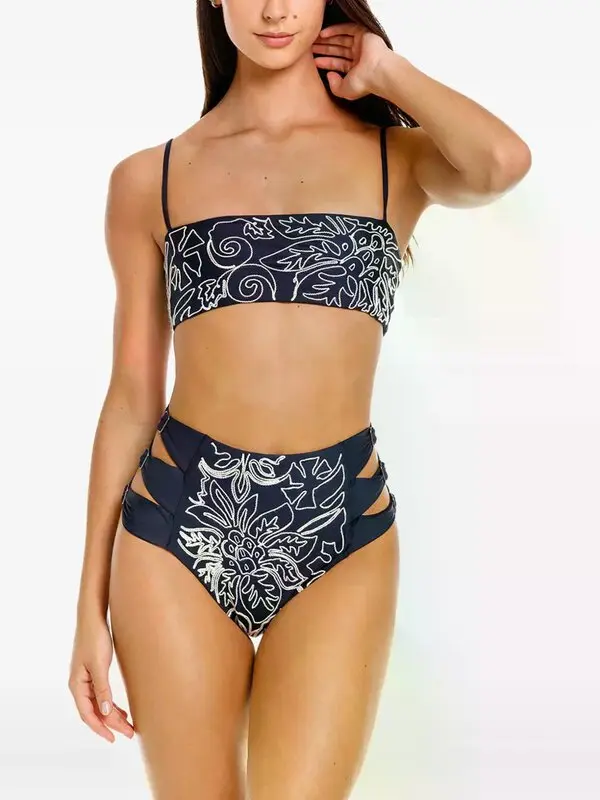 Agua Bendita Embroidered High-waisted Bikini Bottom - Blue