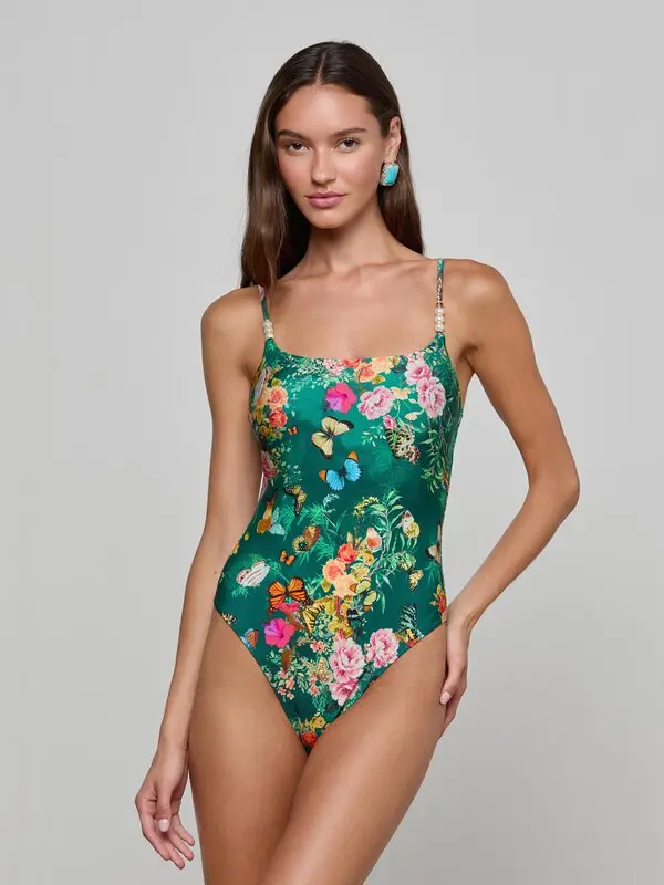 L'Agence Remi Printed One-piece Swimsuit - Bottle Green Multi Charonda Butterfly