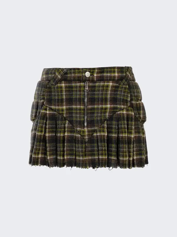 Natasha Zinko Upcycled Flannel Pleated Moto Skirt - Green